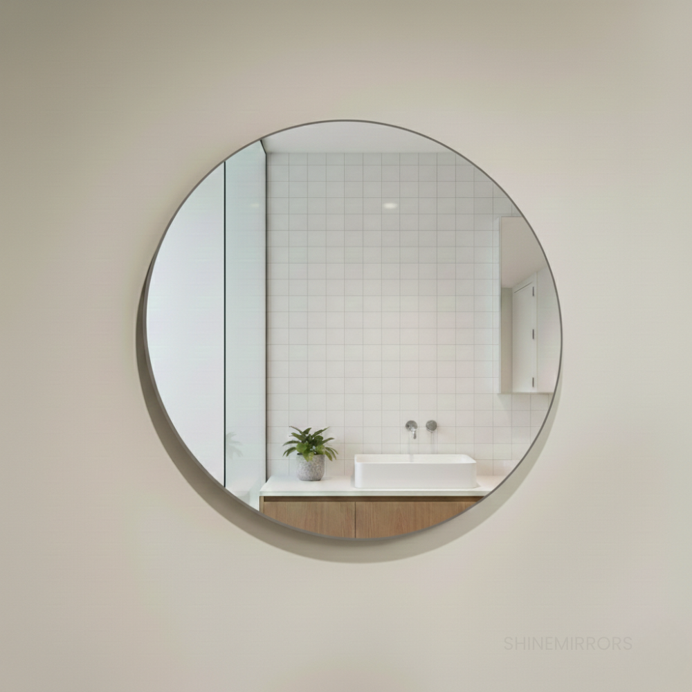 Crescent Round Brushed Nickel Framed Wall Mirror — SHINE MIRRORS AUSTRALIA