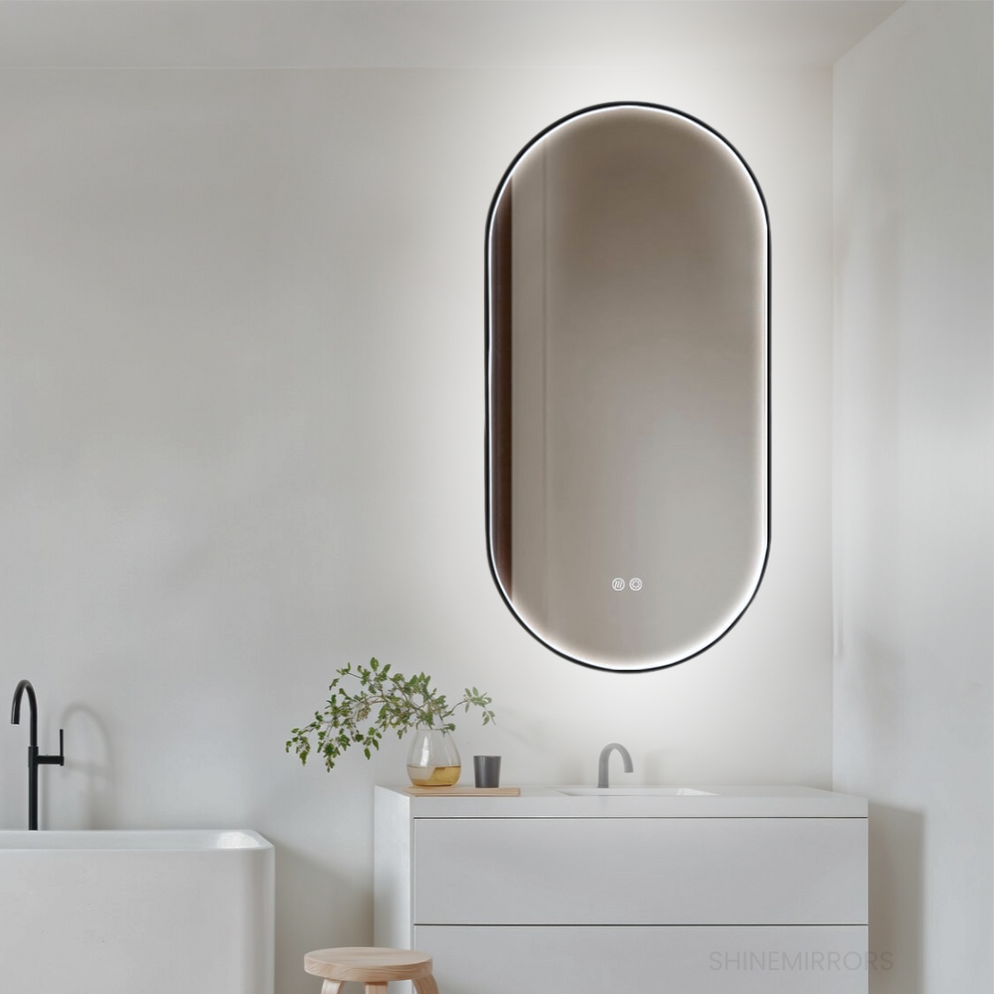 Kiah Oval Black Framed Frontlit LED Bathroom Mirror — SHINE MIRRORS ...