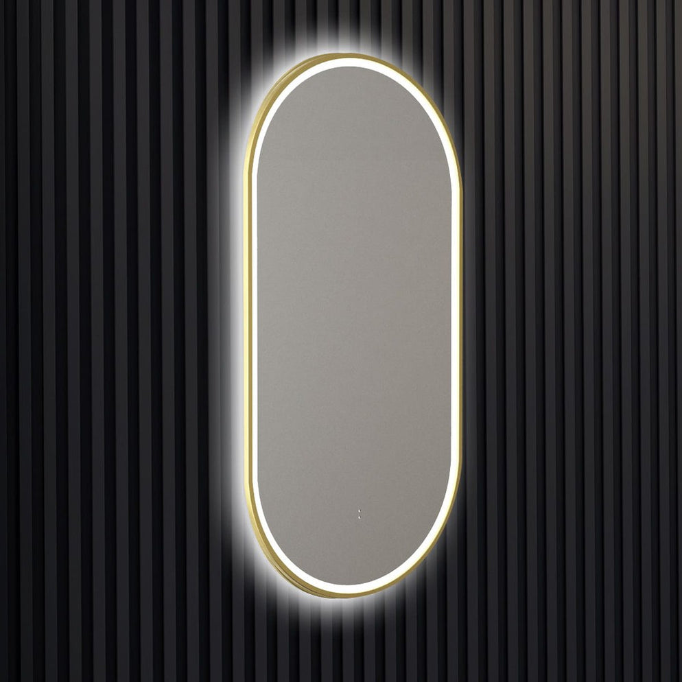 Neo Brushed Gold Pill LED Frontlit Bathroom Mirror — SHINE MIRRORS ...
