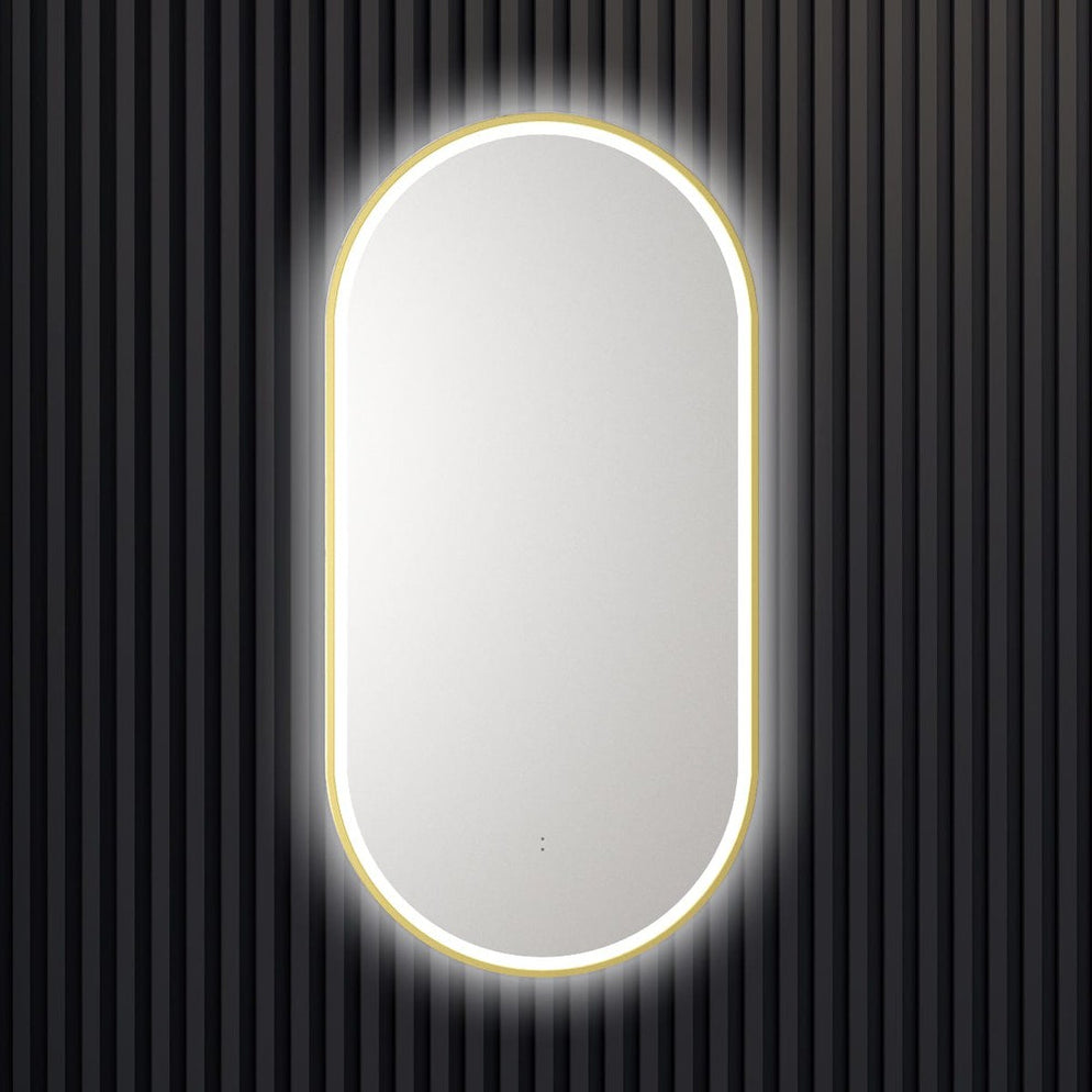 Neo Brushed Gold Pill LED Frontlit Bathroom Mirror — SHINE MIRRORS ...