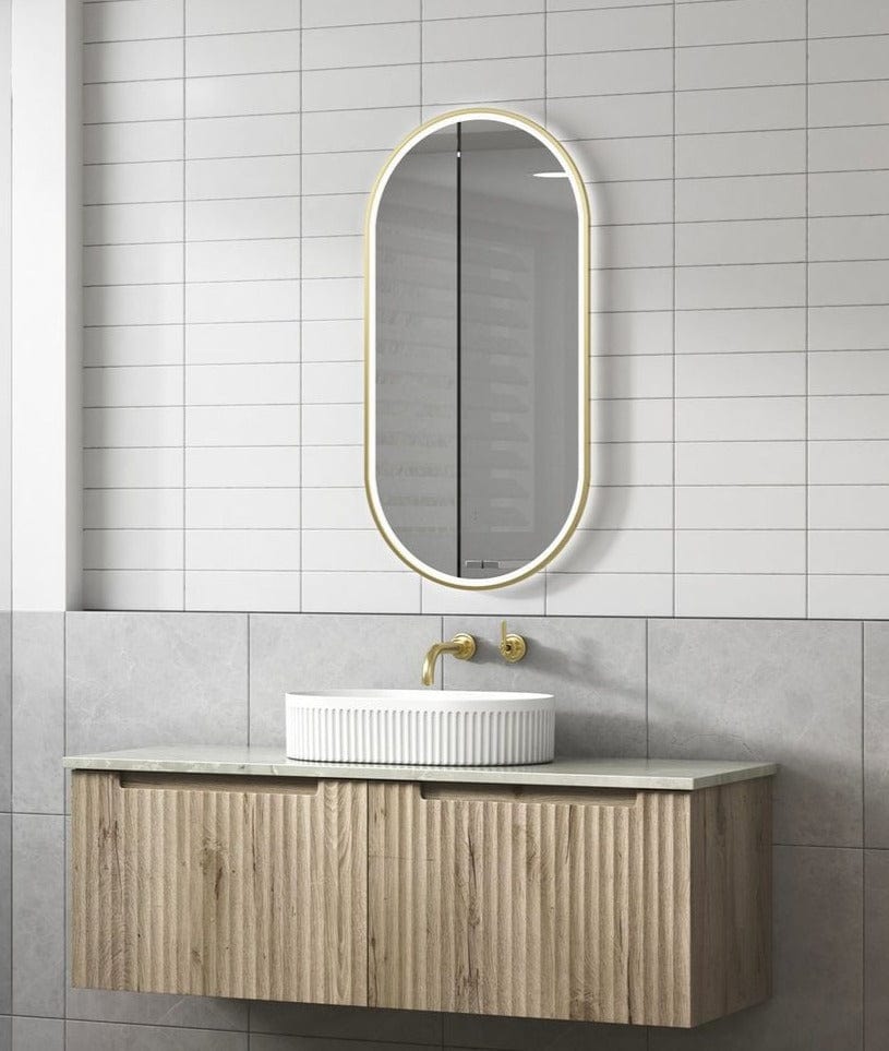 Neo Brushed Gold Pill LED Frontlit Bathroom Mirror — SHINE MIRRORS ...