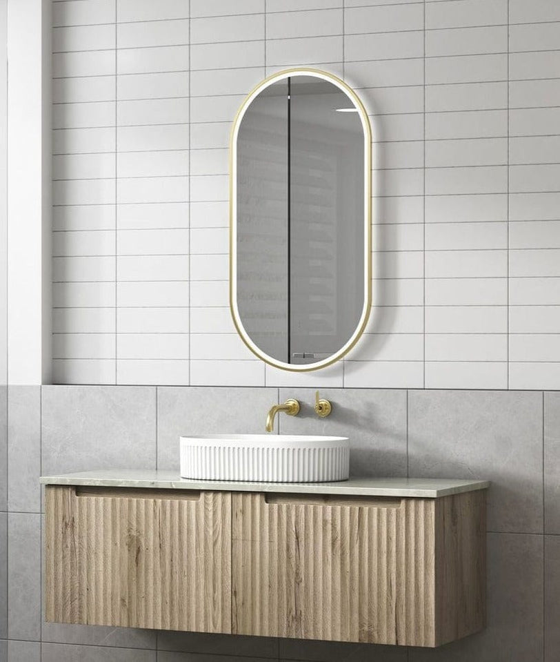 Neo Brushed Gold Pill LED Frontlit Bathroom Mirror — SHINE MIRRORS ...